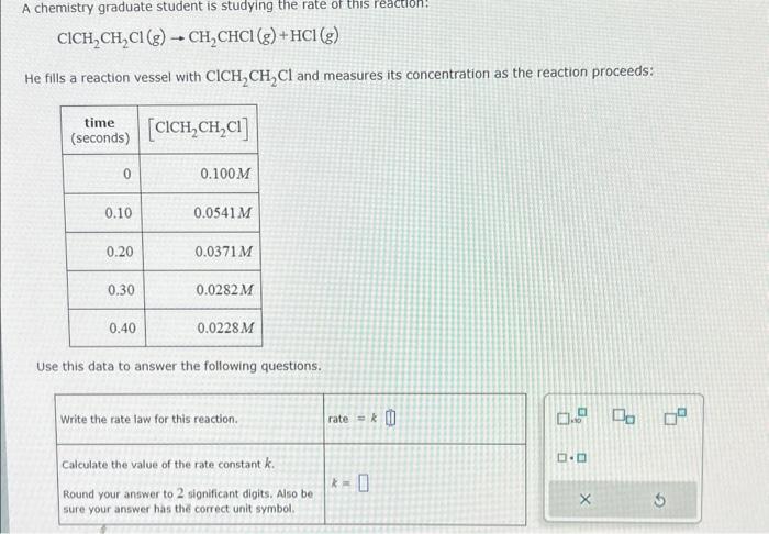 Solved ClCH2CH2Cl(g)→CH2CHCl(g)+HCl(g) He fills a reaction | Chegg.com