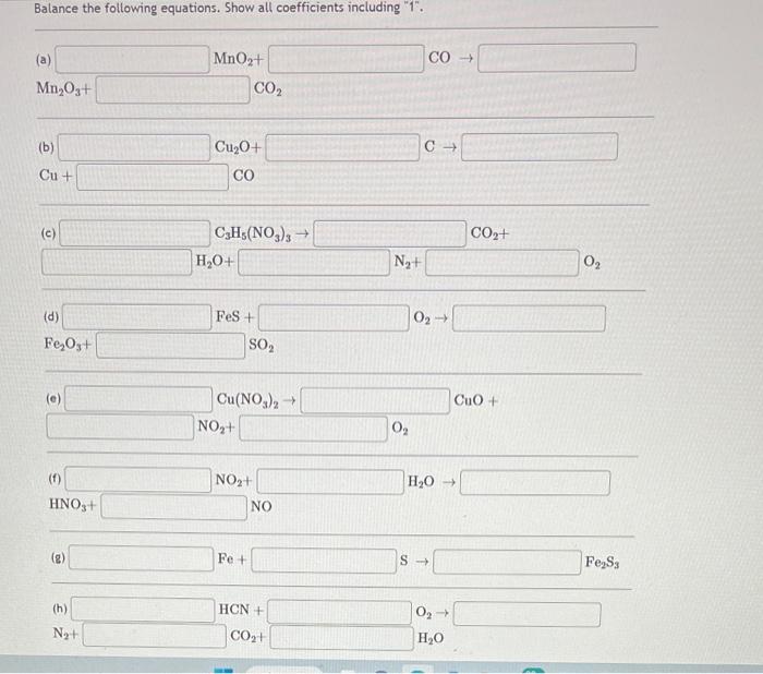 Solved H2O+ N2+ O2 (d) Fe2O3+ FeS+∣O2→ SO2 (e) (f) (g) Fe+ | Chegg.com