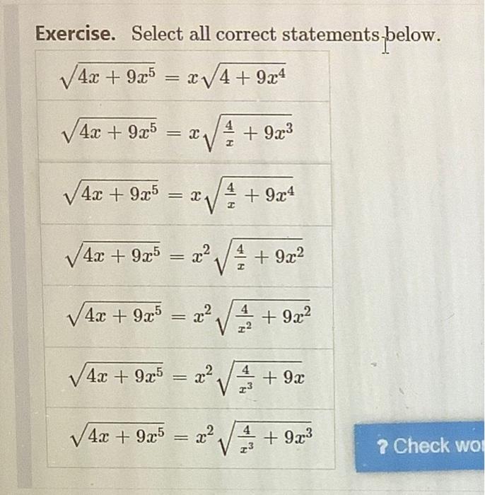 Solved Exercise. Select all correct statements below. √4x + | Chegg.com