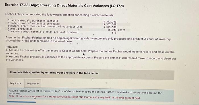 Solved Exercise 17-23 (Algo) Prorating Direct Materials Cost | Chegg.com