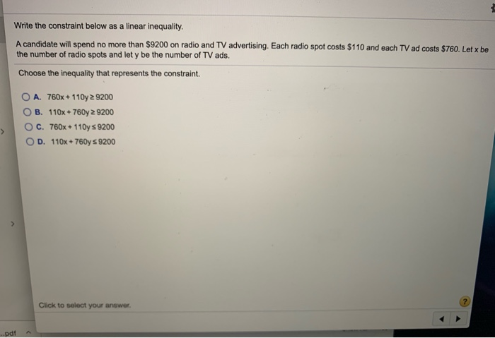 Solved Write the constraint below as a linear inequality. A | Chegg.com