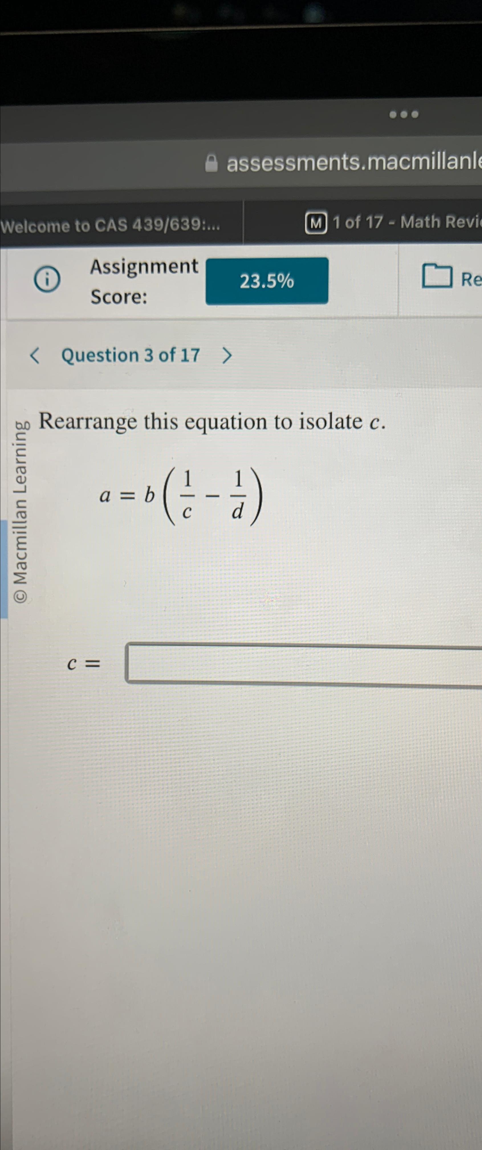 Solved assessments.macmillanlWelcome to CAS 439/639:...1 ﻿of | Chegg.com