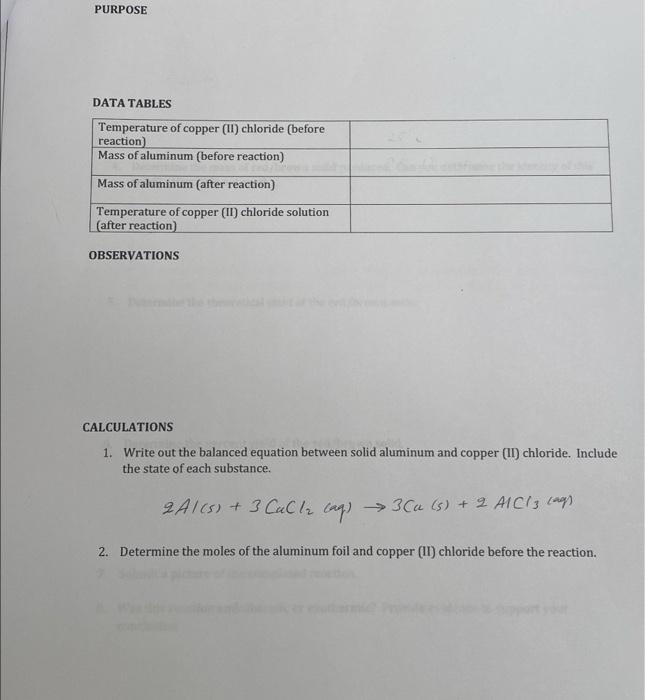 DATA TABLES OBSERVATIONS CALCULATIONS 1. Write out | Chegg.com