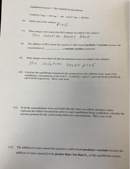 Solved Equilibrium System 2: The Cobalt(II) Ion Equilibrium | Chegg.com