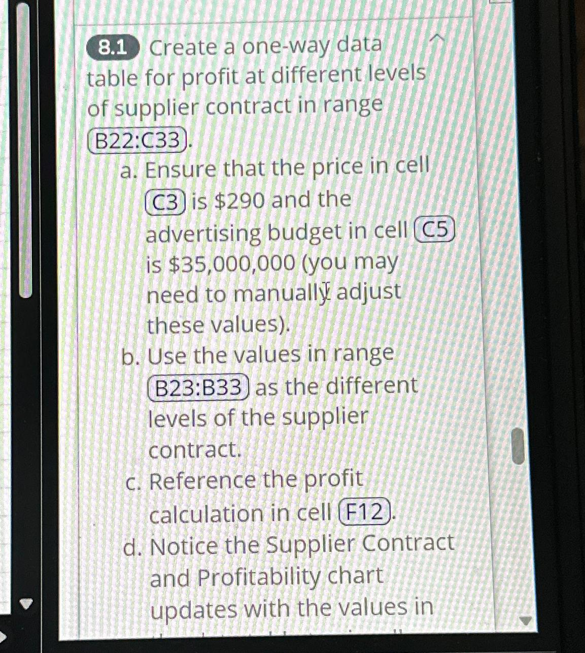 Solved 8.1 ﻿Create a one-way data table for profit at | Chegg.com