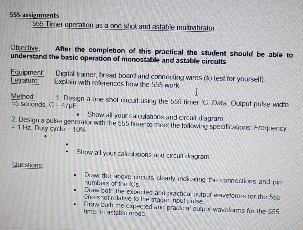 Solved 555 assignments 555 Timer operation as a one shot and | Chegg.com