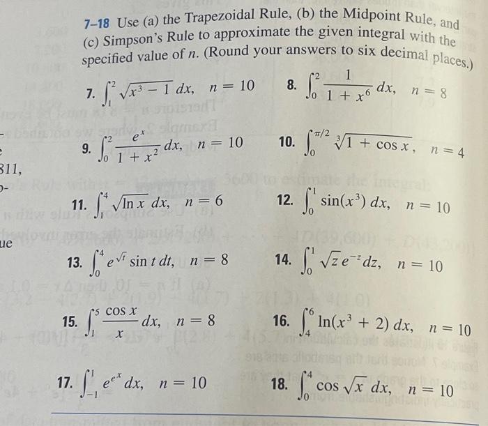 Solved 7-18 Use (a) the Trapezoidal Rule, (b) the Midpoint | Chegg.com