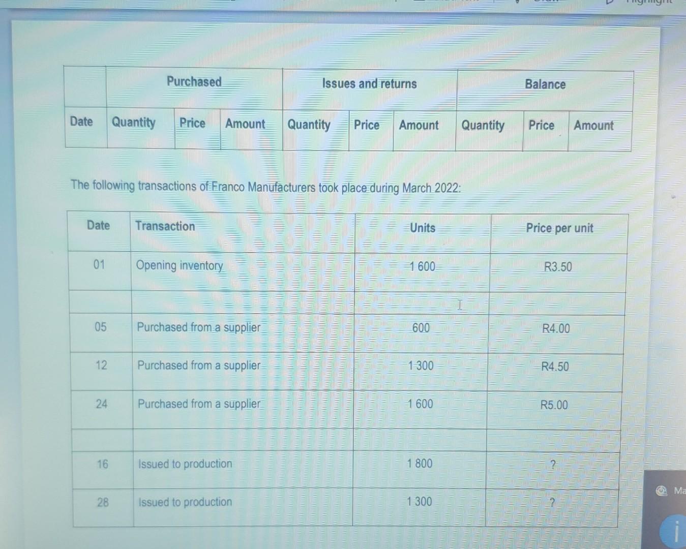 Solved Date Quantity Price Amount Quantity Price Amount Date | Chegg.com