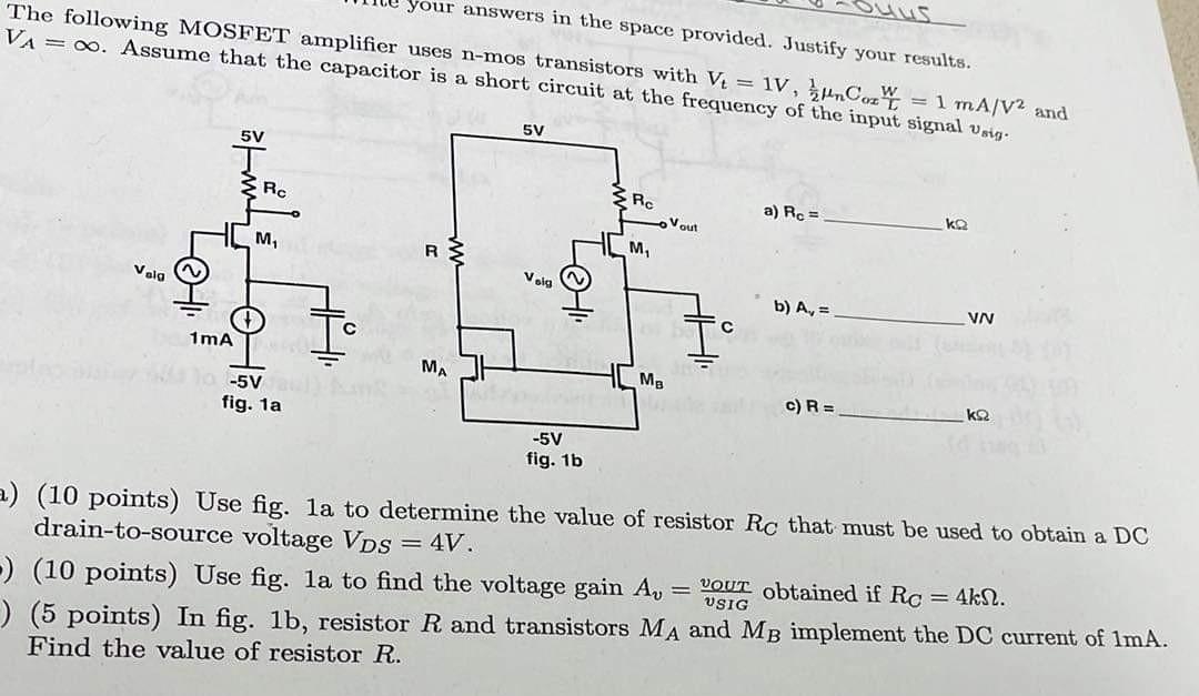 Solved The following MOSFET amplifier uses VA=∞. Assume that | Chegg.com