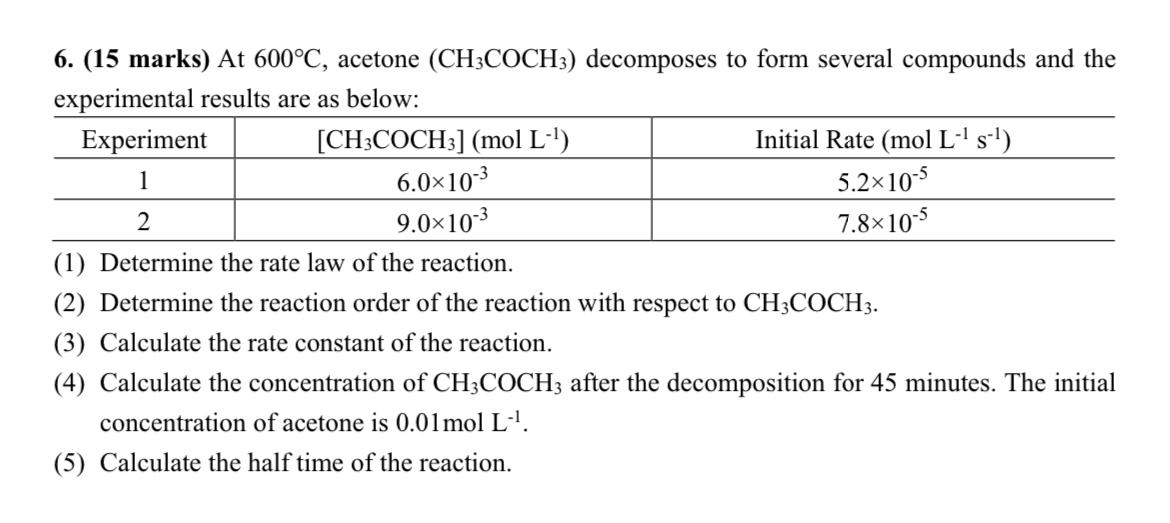 Solved (15 ﻿marks) ﻿At 600°C, ﻿acetone (CH3COCH3) | Chegg.com