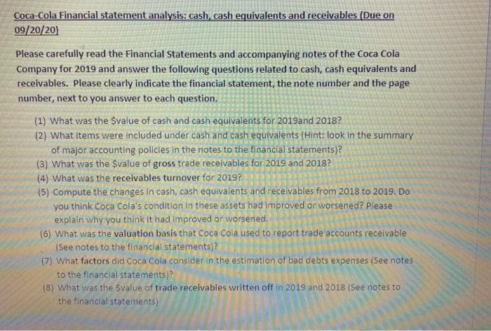 Coca-Cola Financial statement analysis: cash, cash | Chegg.com