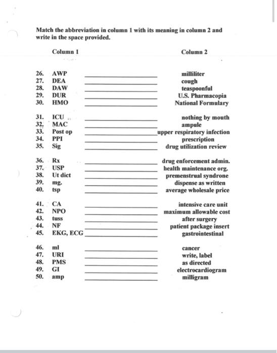 Solved Match the abbreviation in column 1 with its meaning | Chegg.com