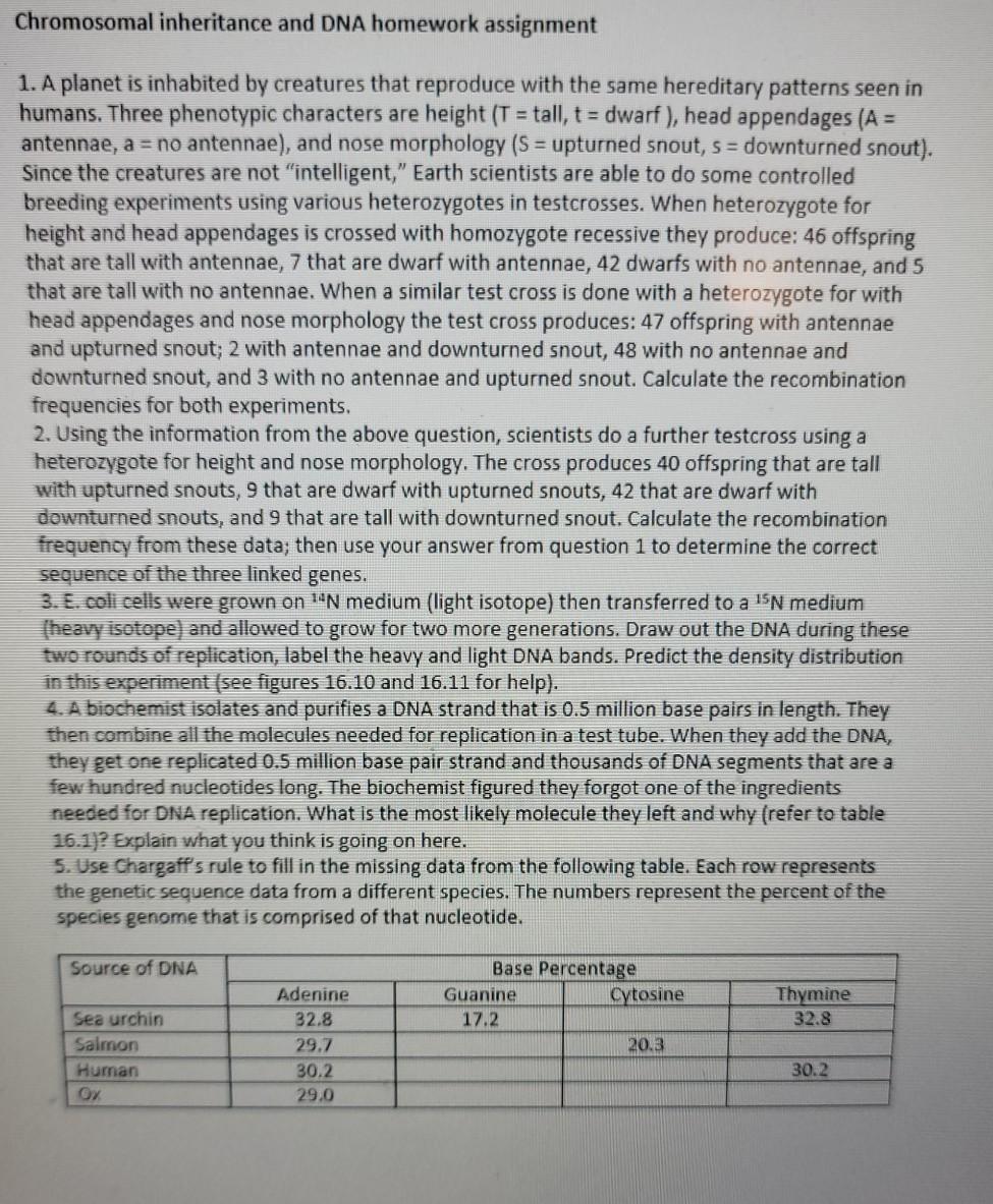 Solved Chromosomal inheritance and DNA homework assignment | Chegg.com