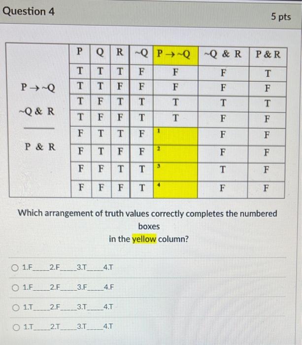 Solved Question 4 5 pts P Q R Q P Q Q & R P&R т T F F F T т | Chegg.com