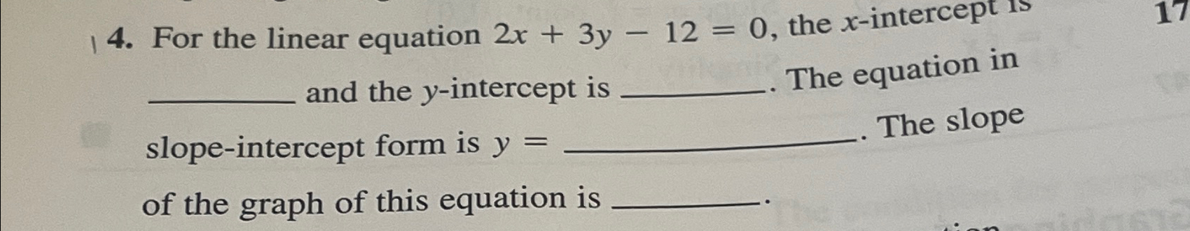 Solved For the linear equation 2x+3y-12=0, ﻿the x-intercept | Chegg.com