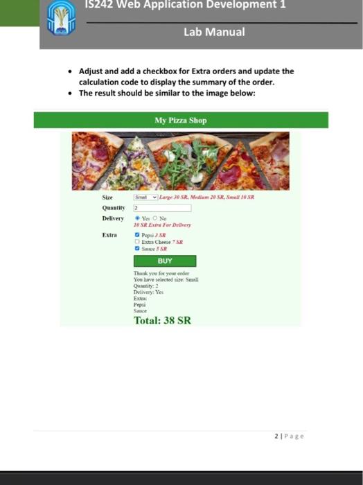 Solved - Adjust and add a checkbox for Extra orders and | Chegg.com