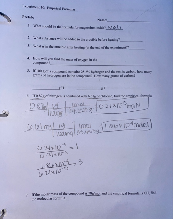 Solved Experiment 10: Empirical Formulas Prelab: Name: 1. | Chegg.com