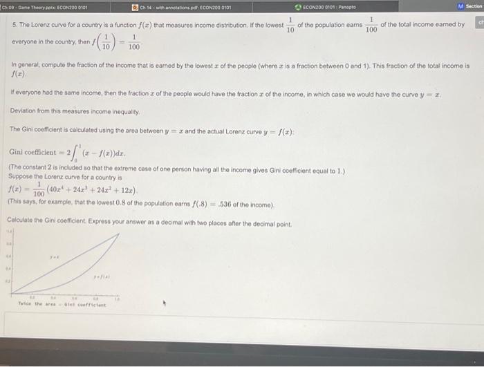 Solved 5. The Lorenz curve for a country is a function f(x) | Chegg.com