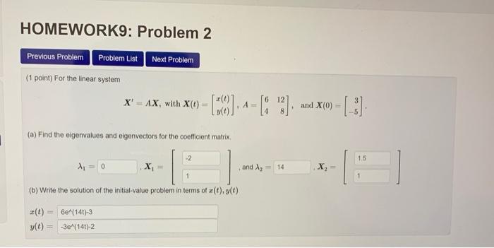 Solved (1 point) For the linear system X′=AX, with | Chegg.com