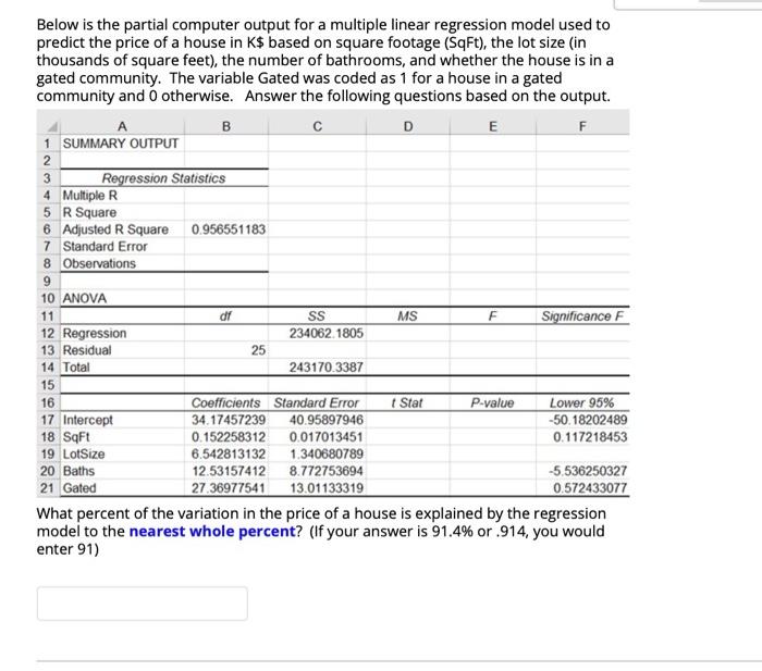 Solved Below is the partial computer output for a multiple | Chegg.com