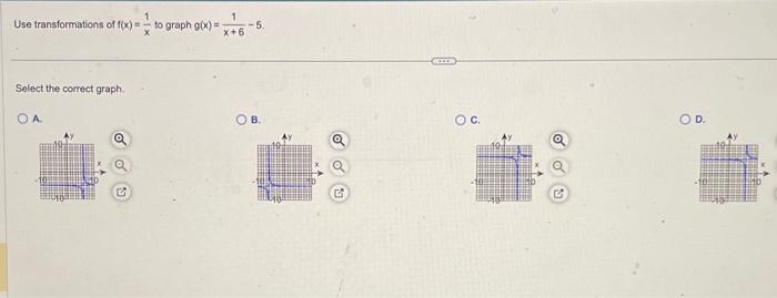 Solved Use transformations of f(x)=x1 to graph g(x)=x+61−5. | Chegg.com