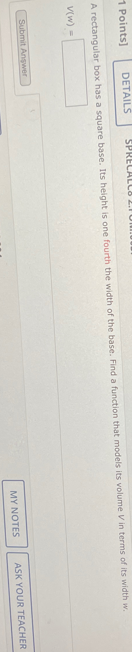 Solved 1 ﻿Points]A rectangular box has a square base. Its | Chegg.com