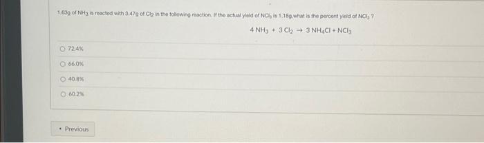 Solved 4NH3+3Cl2→3NH4Cl+NCl3 724× 660 N 40.875 00.2 K | Chegg.com