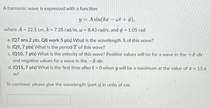Solved A harmonic wave is expressed with a function y = A | Chegg.com