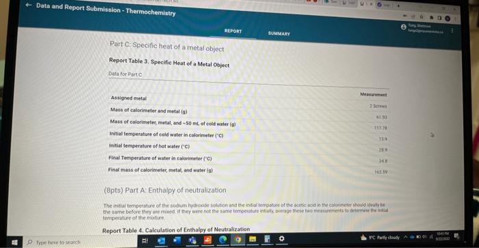 Report Sheet Part A: Enthalpy of neutralization | Chegg.com