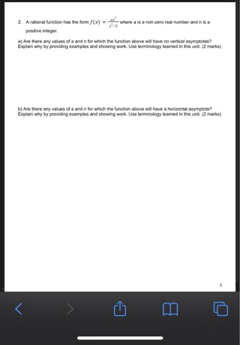 Solved a rational function has the form f(x)=ax^2/x^n-5 | Chegg.com