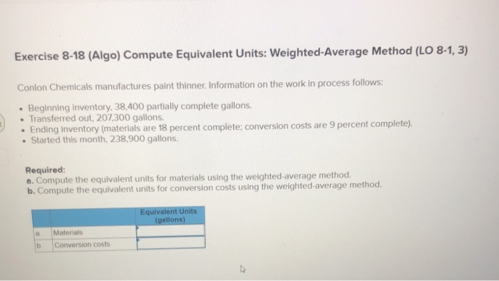 Solved Exercise 8-18 (Algo) Compute Equivalent Units: | Chegg.com