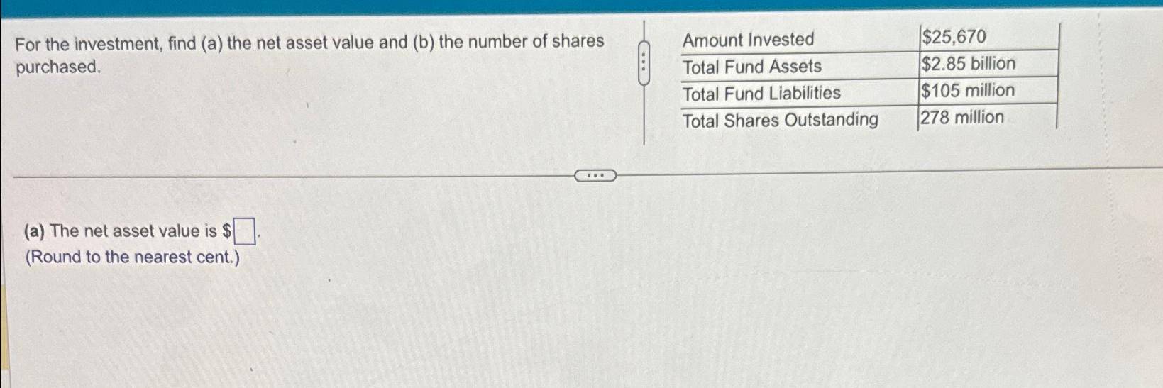 Solved For the investment, find (a) ﻿the net asset value and | Chegg.com