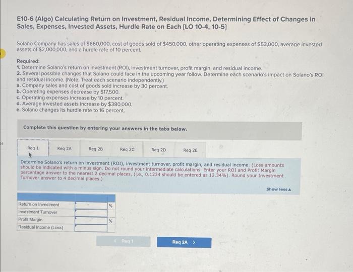 Solved E10-6 (Algo) Calculating Return on Investment, | Chegg.com