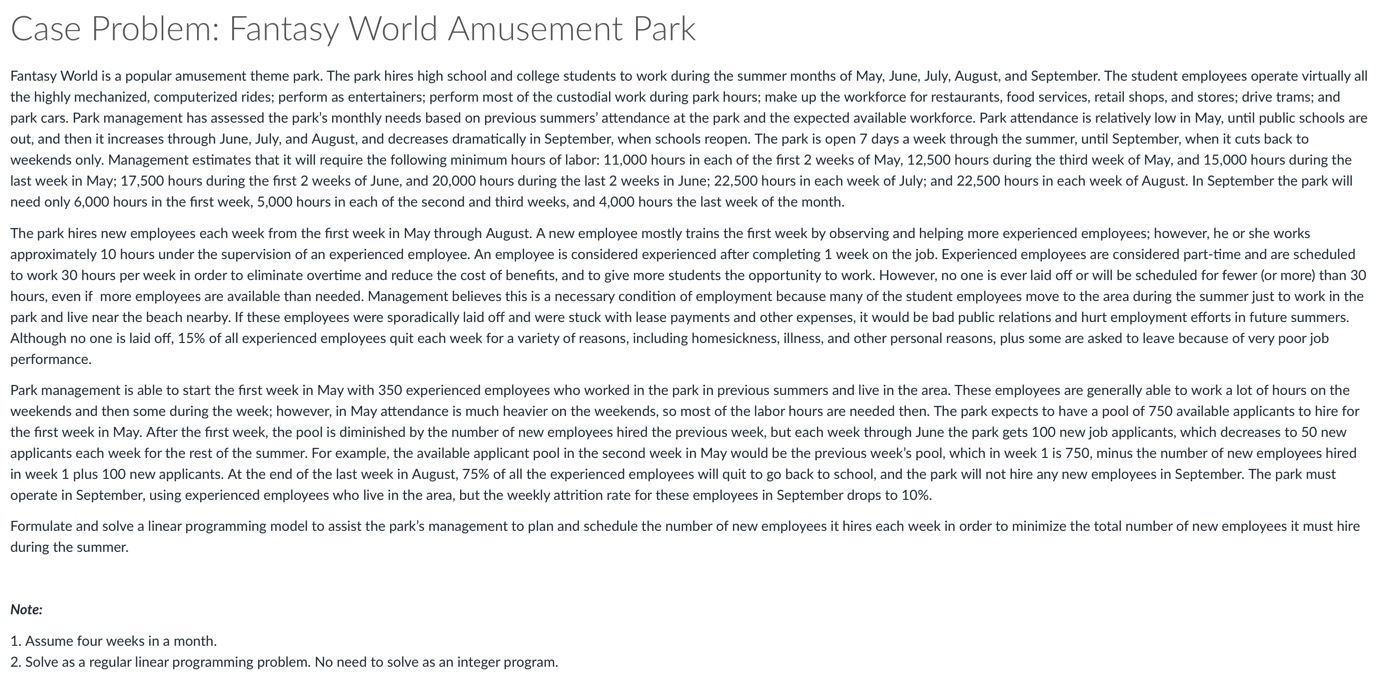 Solved Case Problem: Fantasy World Amusement ParkFantasy | Chegg.com