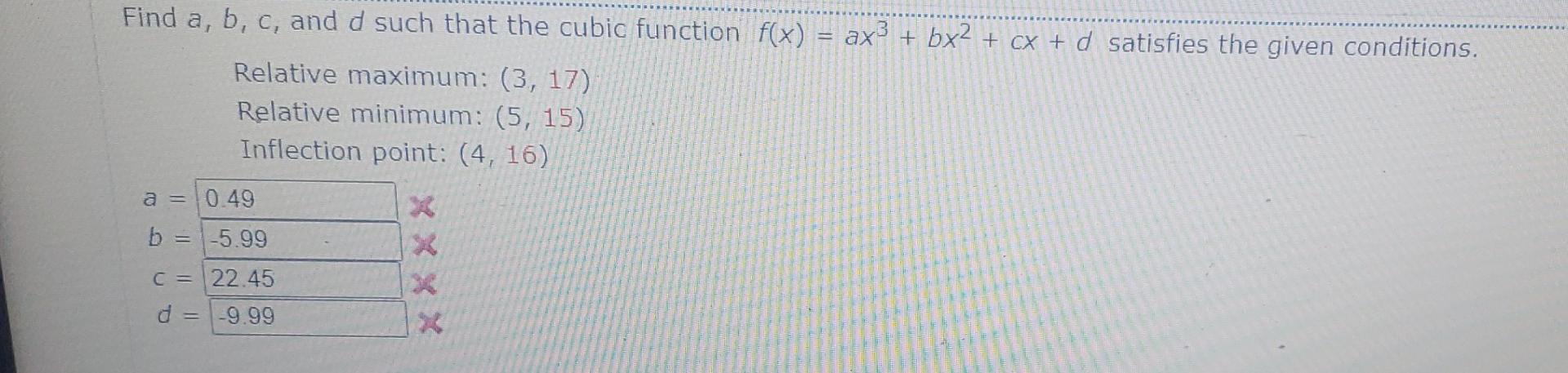 Solved ax3 + bx2 + cx + d satisfies the given conditions. | Chegg.com