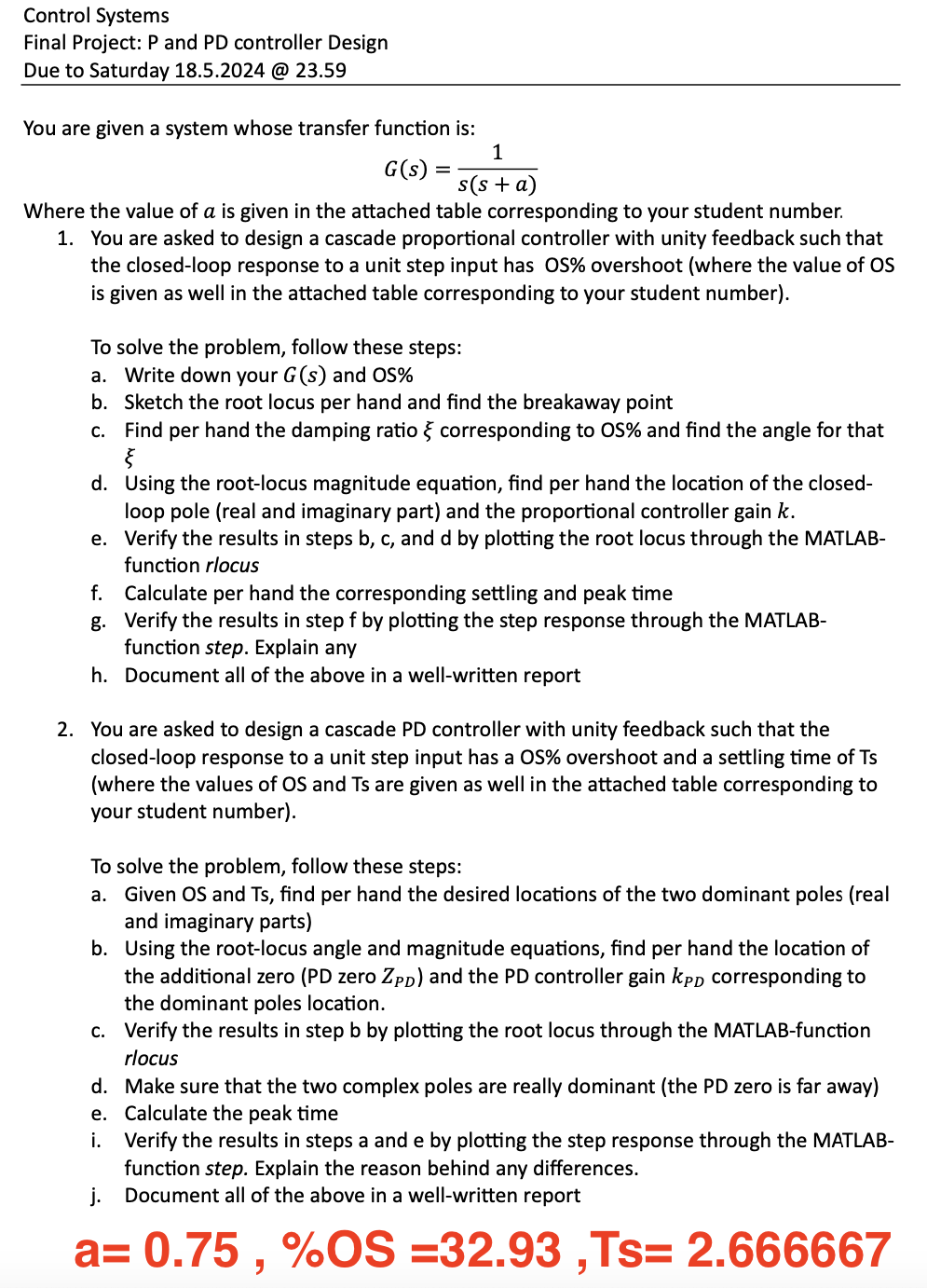 Solved Control SystemsFinal Project: P and PD controller | Chegg.com