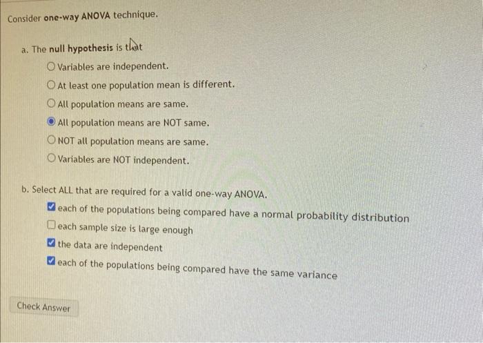 Solved Consider one-way ANOVA technique. a. The null | Chegg.com