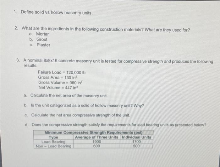Solved 1. Define solid vs hollow masonry units. 2. What are | Chegg.com