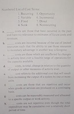 Solved Numbered List of Cost Terms:Recurring: 5, | Chegg.com