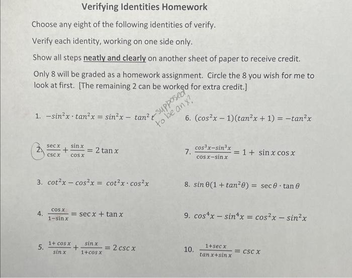 Solved Verifying Identities Homework Choose any eight of the | Chegg.com