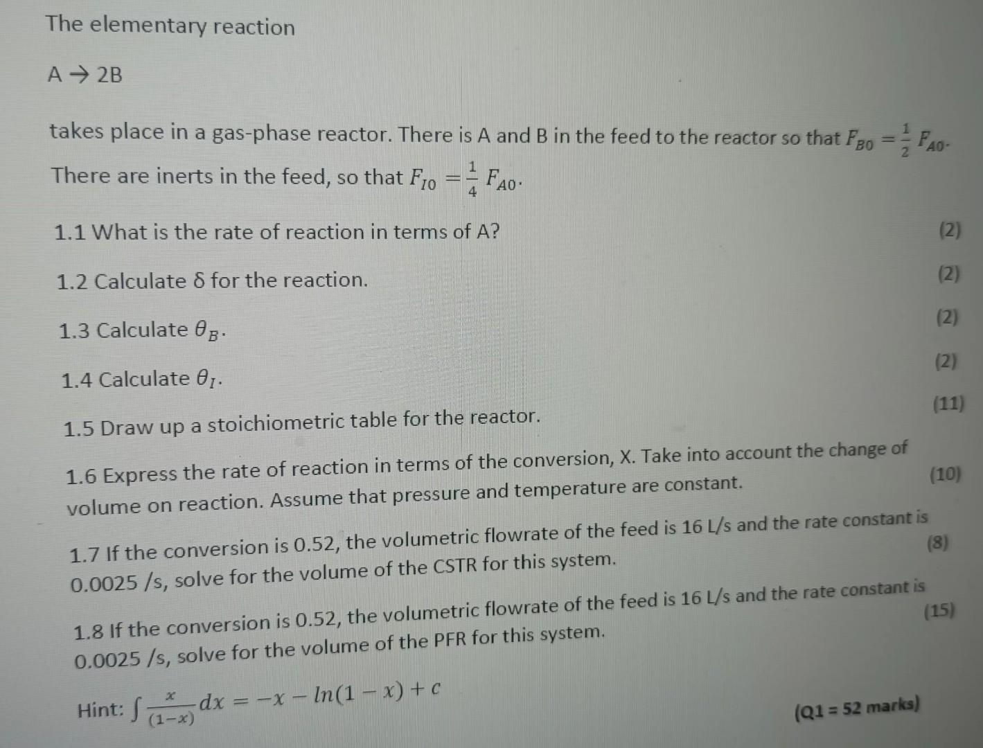 Solved The elementary reaction A→2B takes place in a | Chegg.com