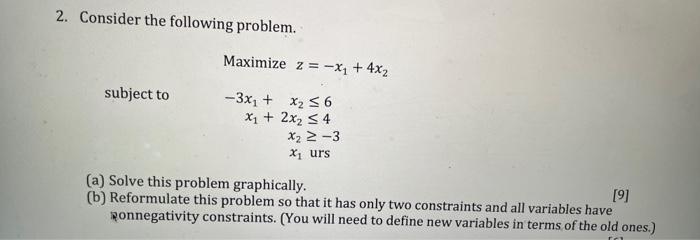 Solved 2. Consider the following problem. Maximize z=−x1+4x2 | Chegg.com