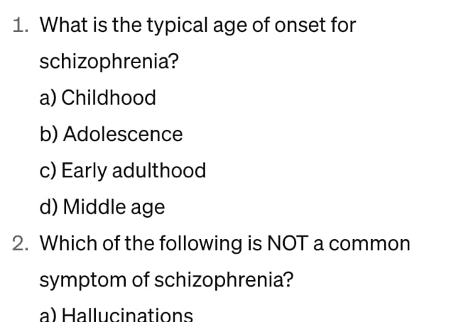 Solved What is the typical age of onset for schizophrenia?a) | Chegg.com