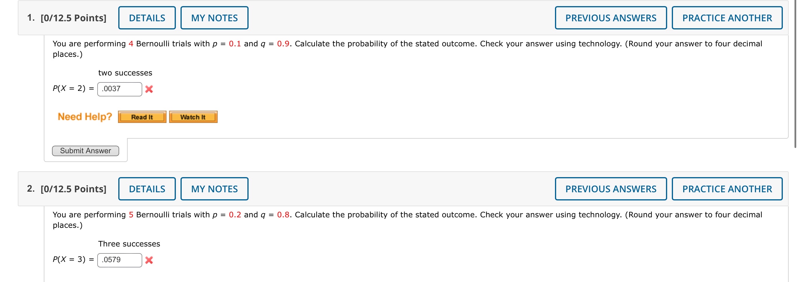 Solved by an EXPERT [0/12.5 ﻿Points]You are performing 4 ﻿Bernoulli | Chegg.com