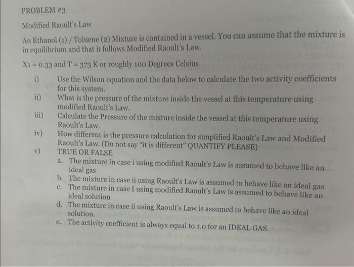 Modified Raoult's Law An Ethanol (1) / Toluene (2) | Chegg.com