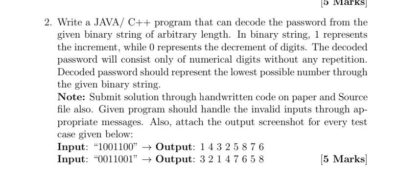 Solved • Marks) 2. Write a JAVA/ C++ program that can decode | Chegg.com
