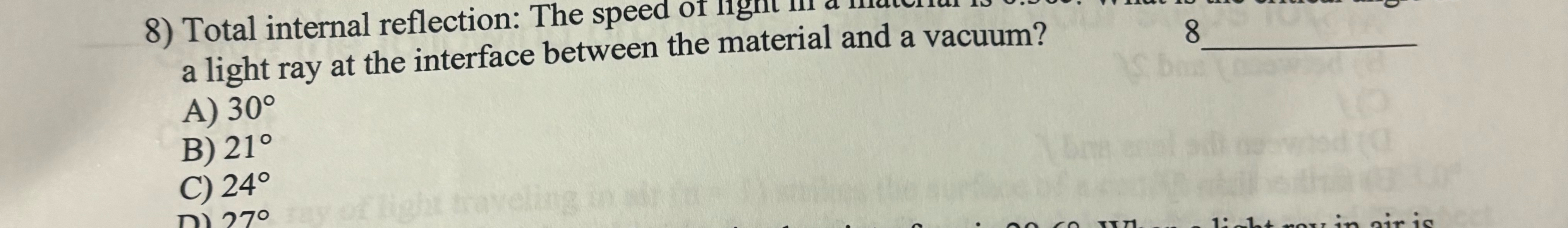 Solved Total internal reflection: The speed o a light ray at | Chegg.com