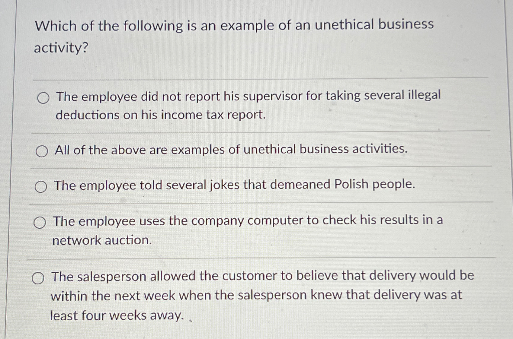 Solved Which of the following is an example of an unethical | Chegg.com