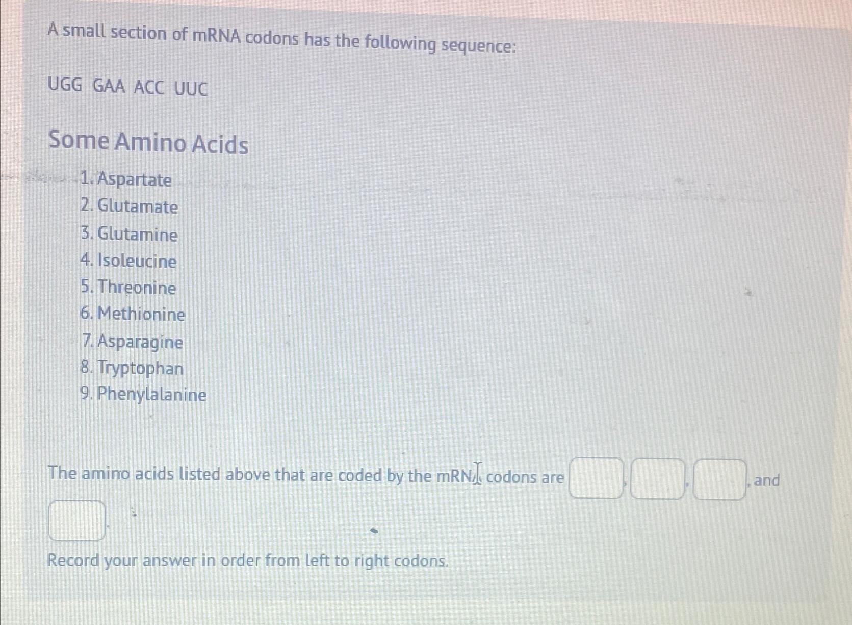 Solved A small section of mRNA codons has the following | Chegg.com