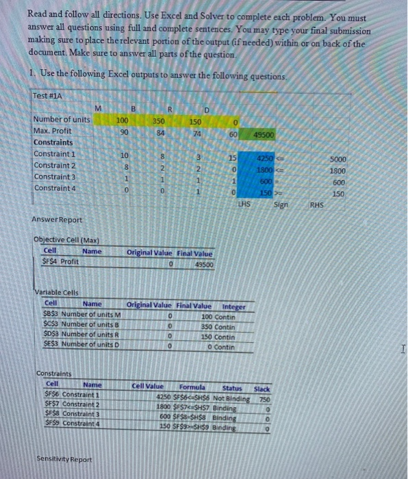 Solved Read and follow all directions. Use Excel and Solver | Chegg.com